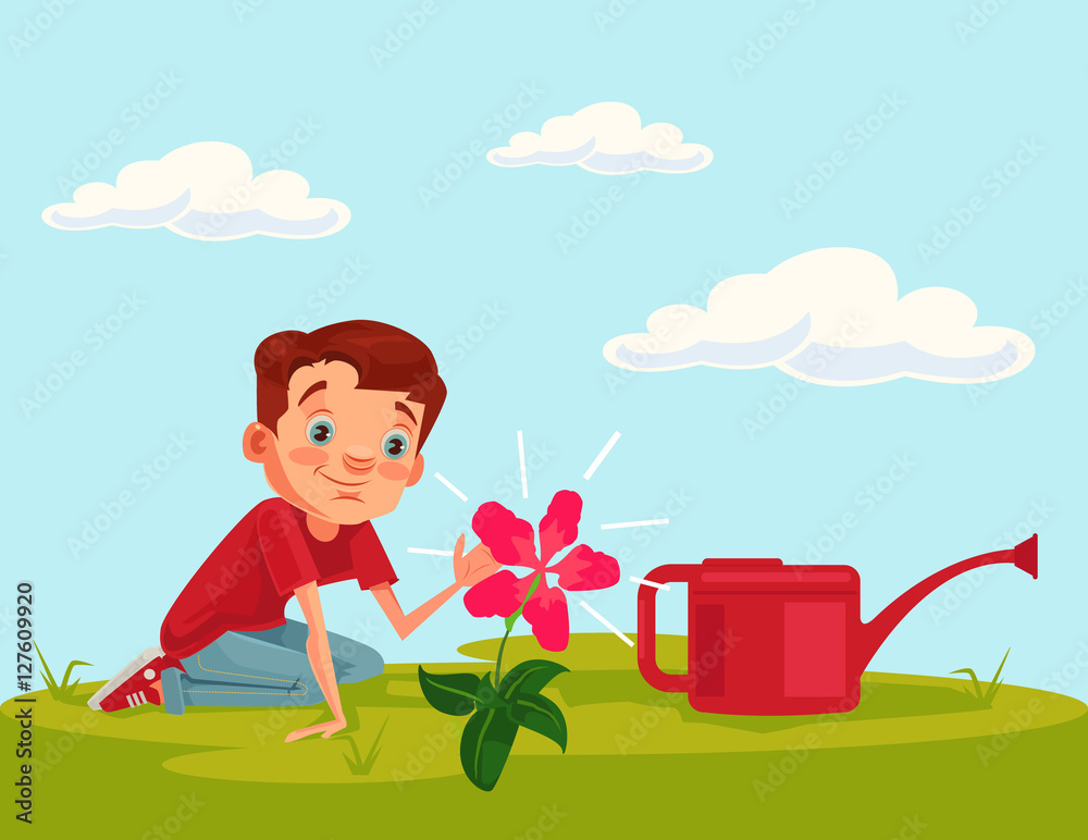 Little boy child character grow flower plant. Vector flat cartoon ...