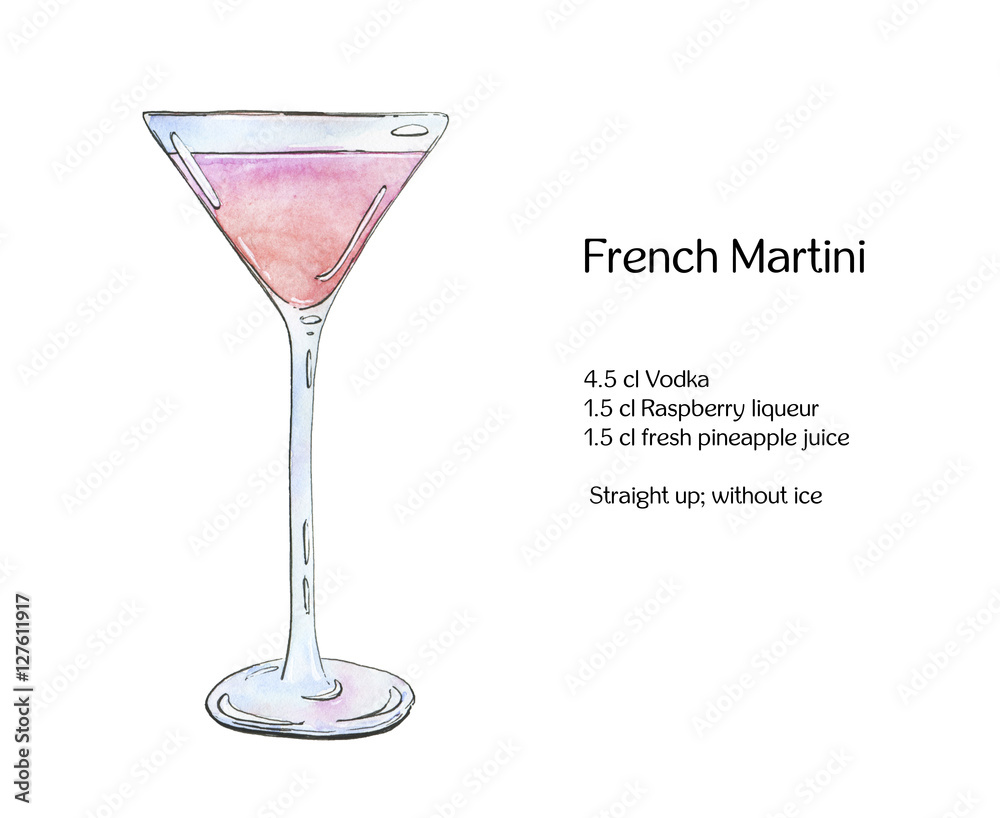 hand drawn watercolor cocktail French martini on white background Stock ...