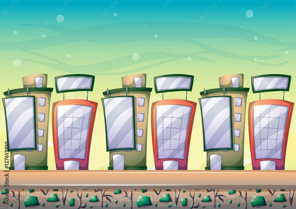 cartoon vector building background with separated layers for game art ...