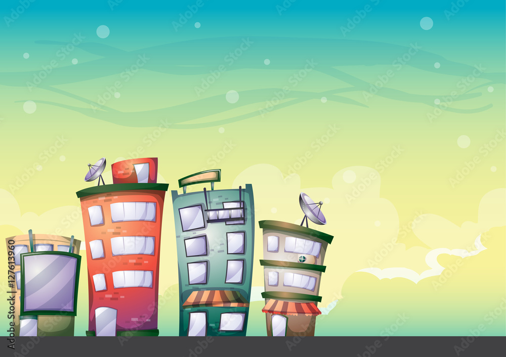cartoon vector building background with separated layers for game art ...