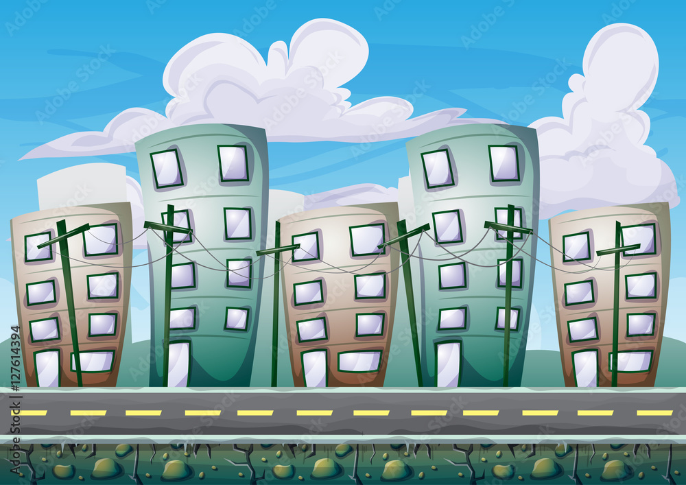 cartoon vector building background with separated layers for game art ...