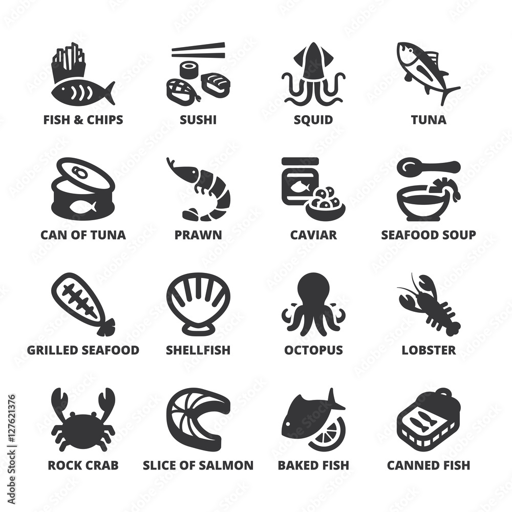 Seafood flat symbols. Black Stock Vector | Adobe Stock