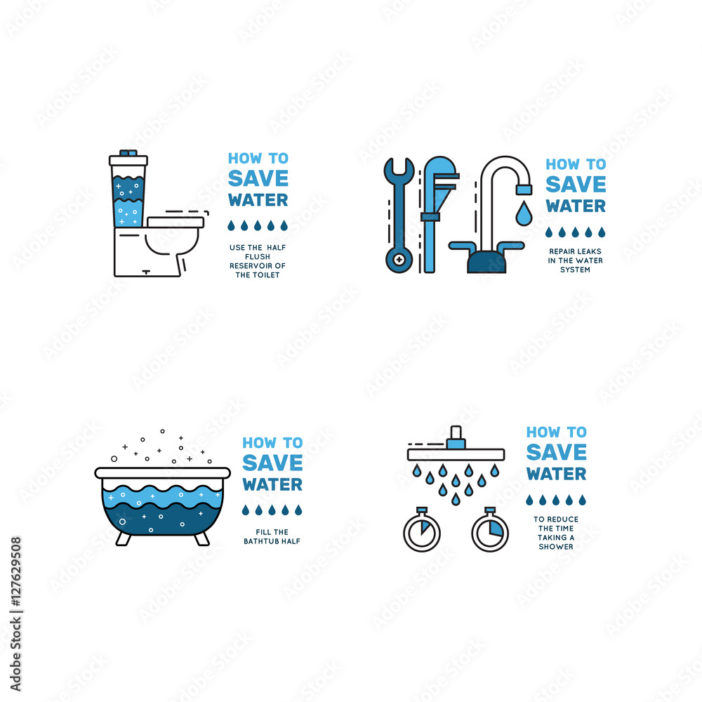 Illustration with tips on saving water consumption by man in a house to ...