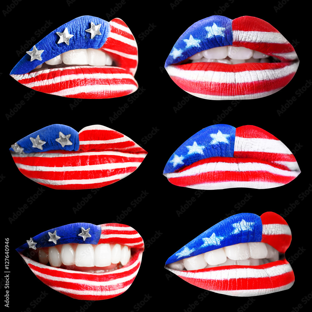 Female lips with creative USA flag makeup on black background Stock ...
