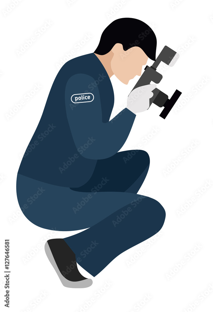 Flat illustration. Murder investigation. Forensic scientist on a white ...