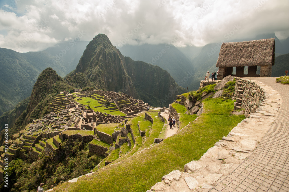 The ancient city of Machu Picchu, Peru. Overlooking ruins on the Inca ...