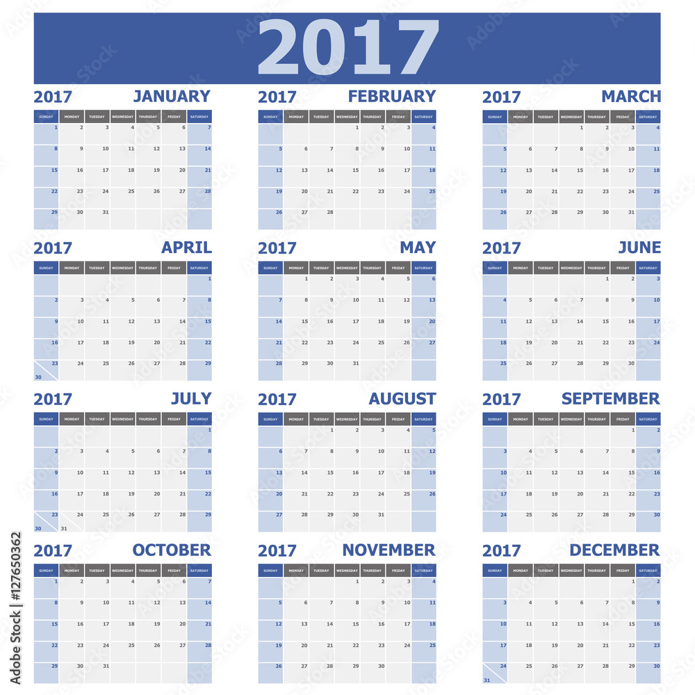 2017 calendar week starts on Sunday (12 months set) Stock Vector ...