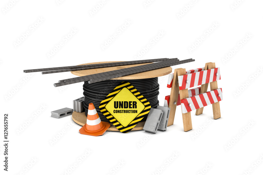Rendering of cable drum with under construction sign, metal bars ...