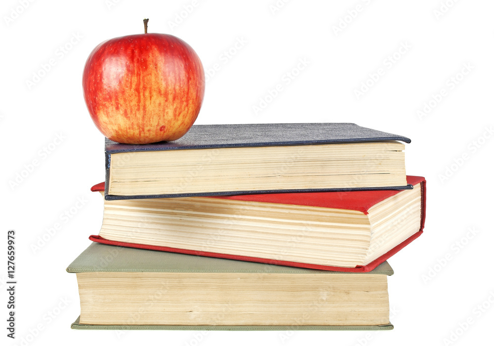 Red apple and old books isolated on white background Stock Photo ...
