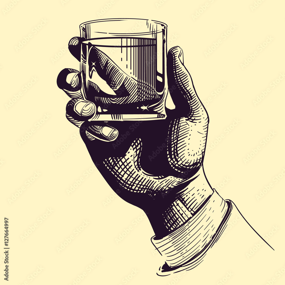 Hand holding glass with strong drink. Vintage drawing vector ...