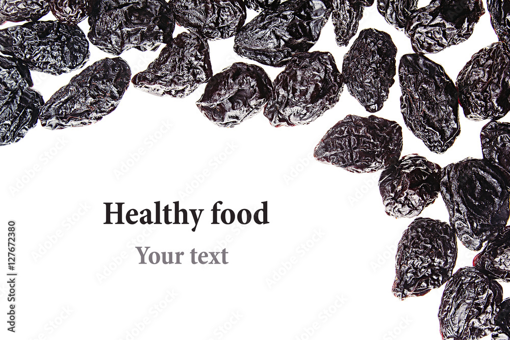 Prune closeup on white background. Isolated. Decorative border of ...