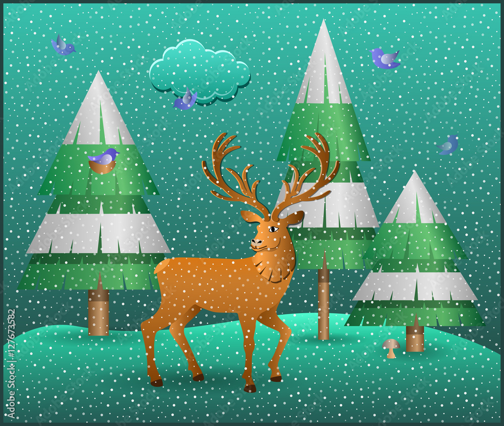 Winter scene. Deer in a snowy forest. Cartoon style. Vector ...