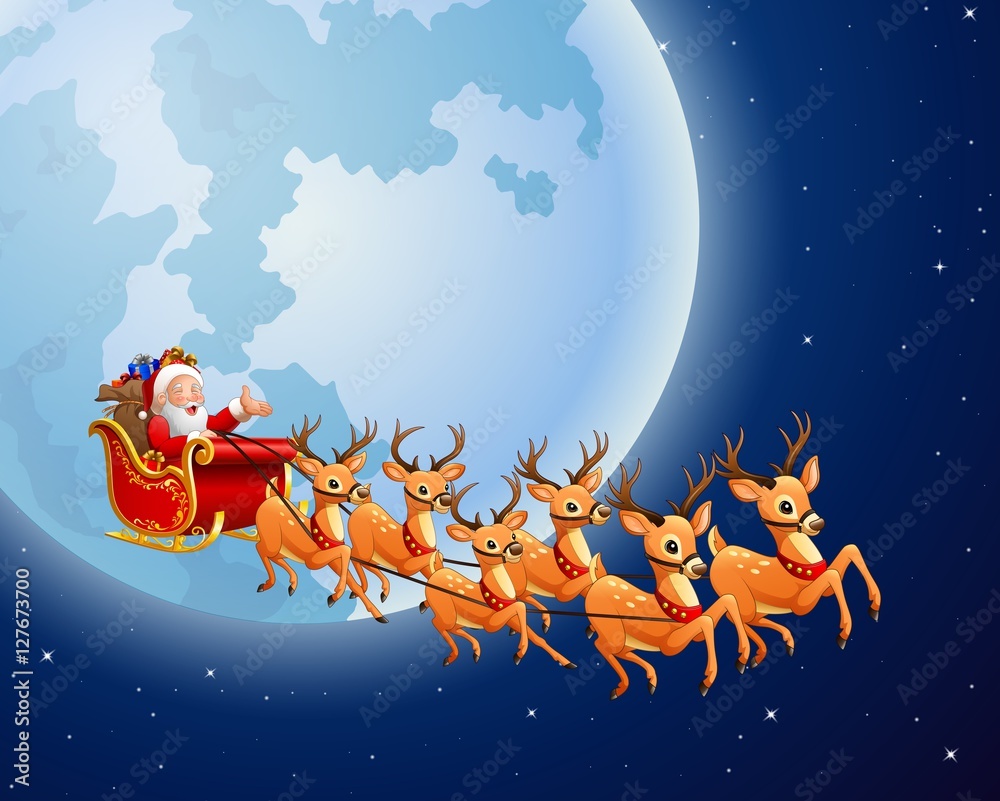 Santa Claus rides reindeer sleigh against a full moon background Stock ...