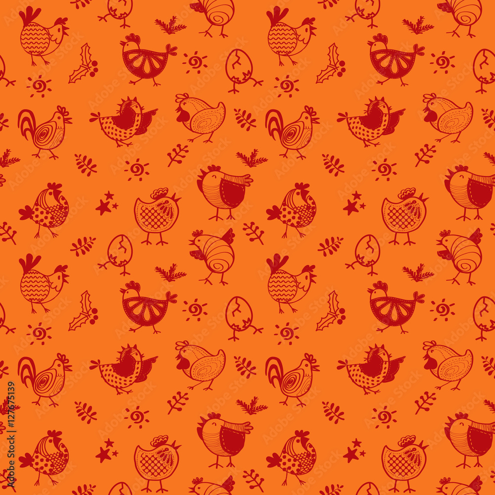 Red Chicken Seamless Pattern background Hand-drawn Doodle style Stock ...