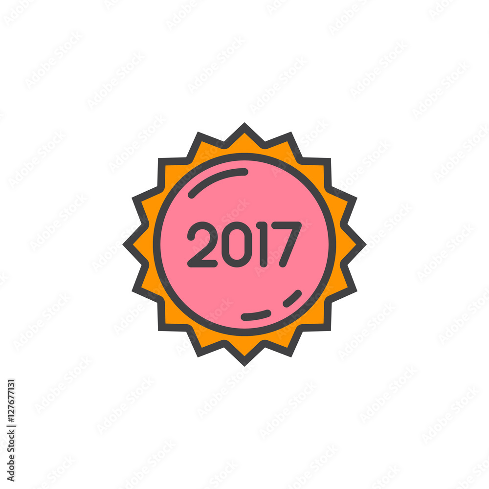 2017 year label, sticker line icon, filled outline vector sign, linear ...