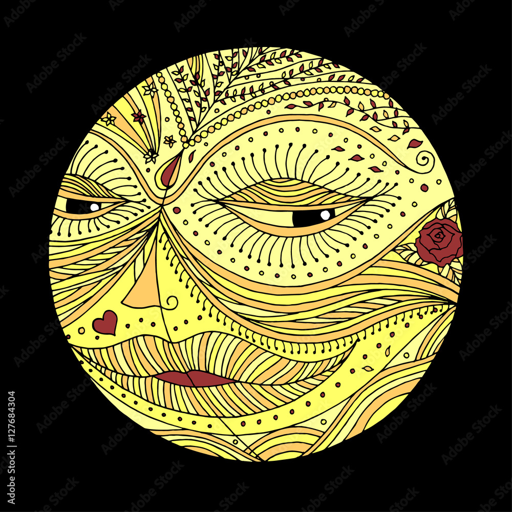 yellow full moon in dark night hand drawing vector zentangle ...
