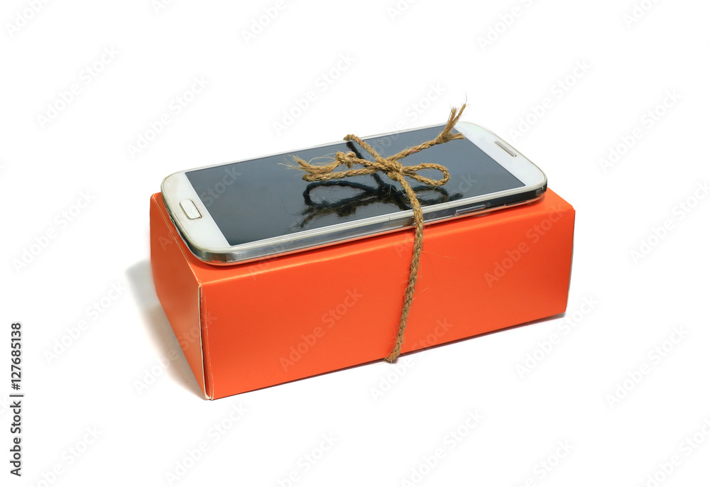 Smart phone on the orange box tied by rope, Smart phone on white ...