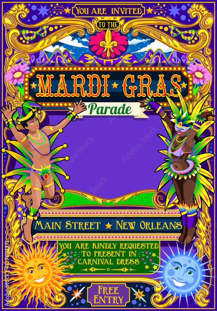 Mardi Gras festival poster illustration. New Orleans night Show ...