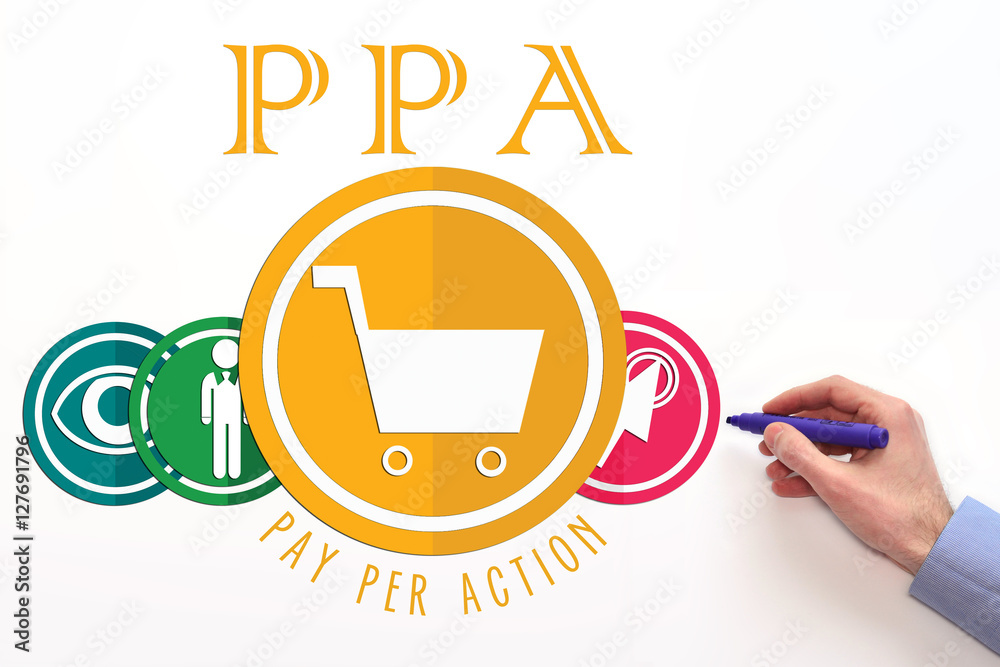 PPA. Pay per action advertising payment model. PPA sign on white ...