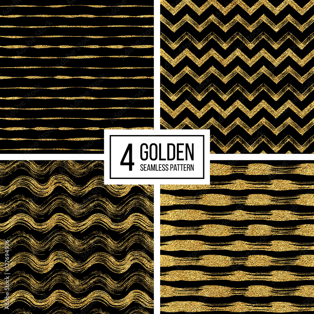 Set of seamless pattern of gold glitter stripes, zigzag chevron, wavy ...