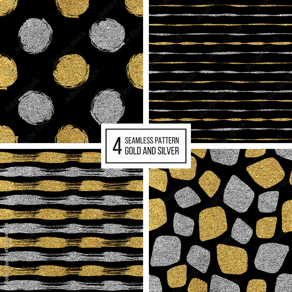 Set of seamless pattern of gold and silver stripes, polka dots, mosaic ...