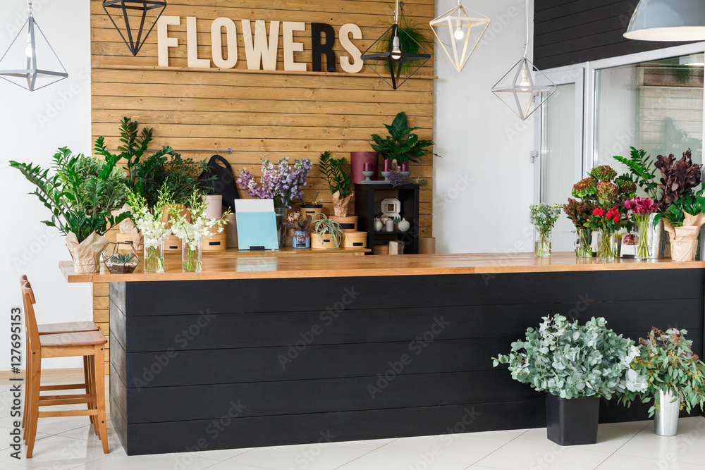 Flower shop interior, small business of floral design studio Stock ...