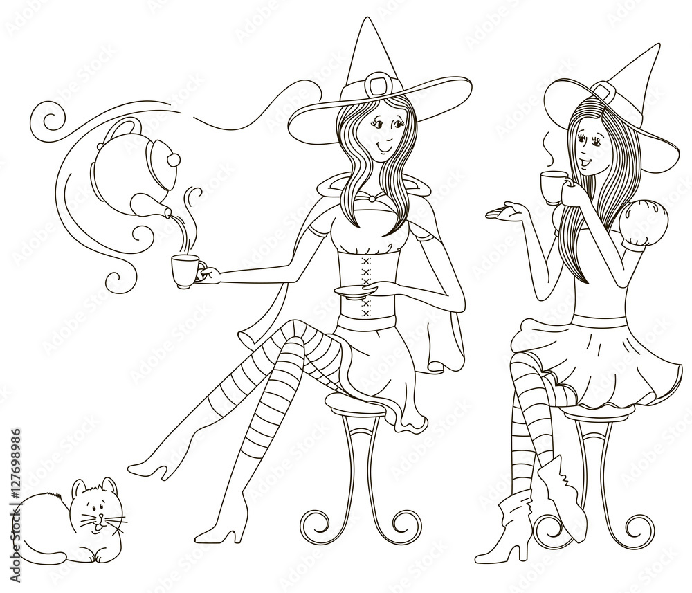 Girlfriends witches. Isolated outline on a white background for the ...