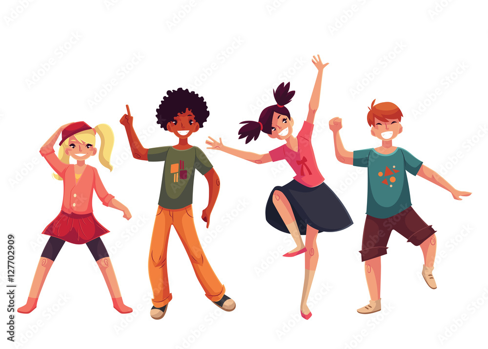 Little kids dancing expressively, cartoon style vector illustration ...
