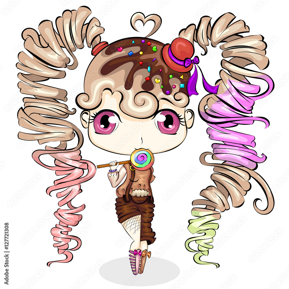 Cute little cartoon girl with sweet candy. Character design vector ...