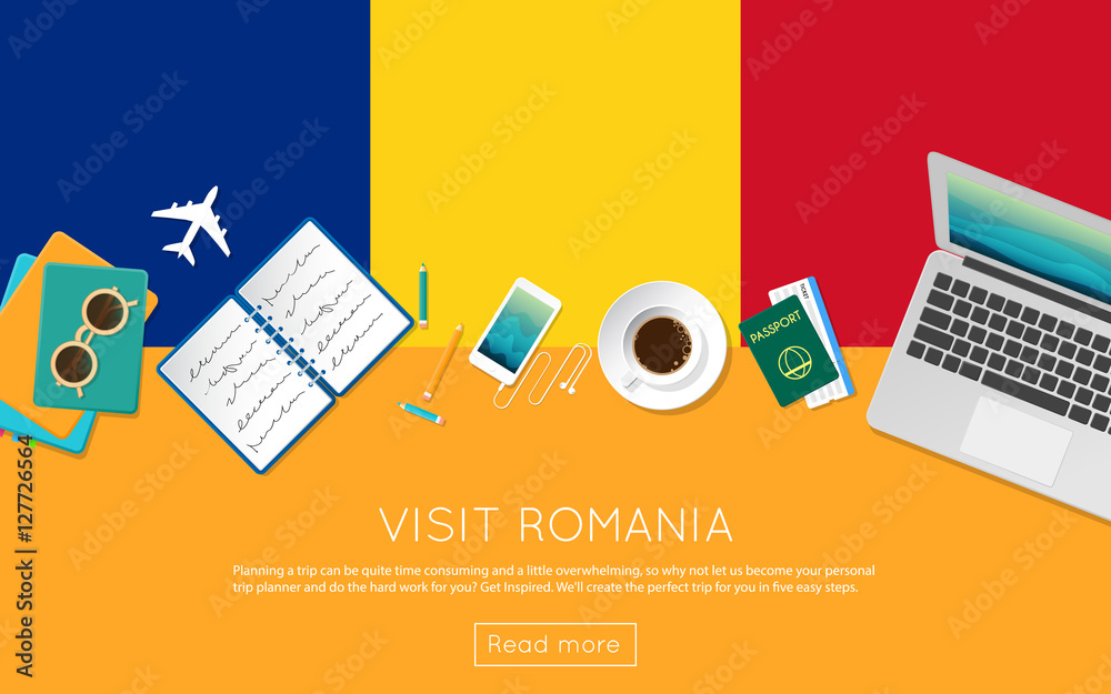 Visit Romania concept for your web banner or print materials. Top view ...