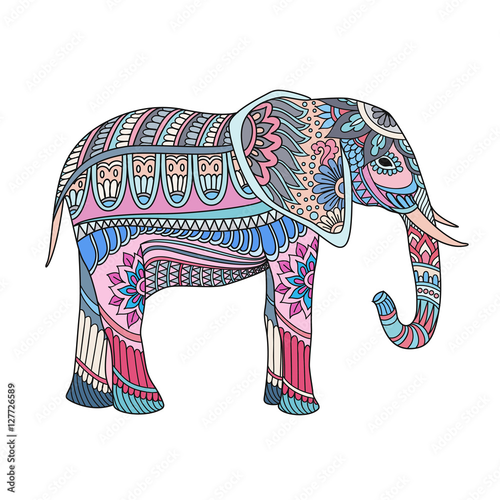 Indian elephant in traditional asian style. Ornate elephant on lace ...