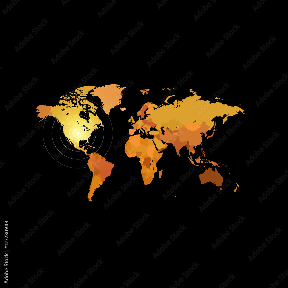 Orange color world map on black background. Globe design backdrop ...