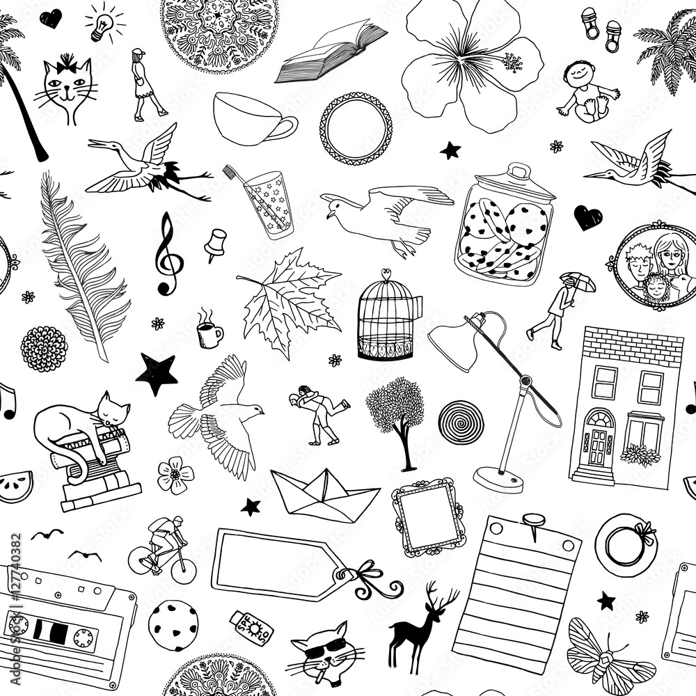 Seamless black and white pattern of random hand drawn items Stock ...