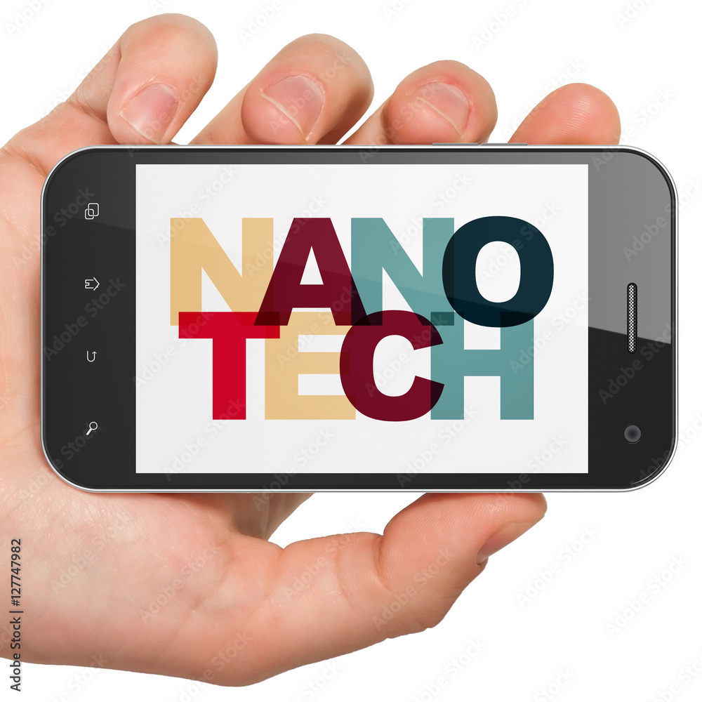 Science concept: Hand Holding Smartphone with Nanotech on display Stock ...