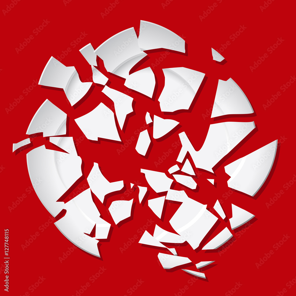 Vector broken plate. White destroyed plate on red background Stock ...