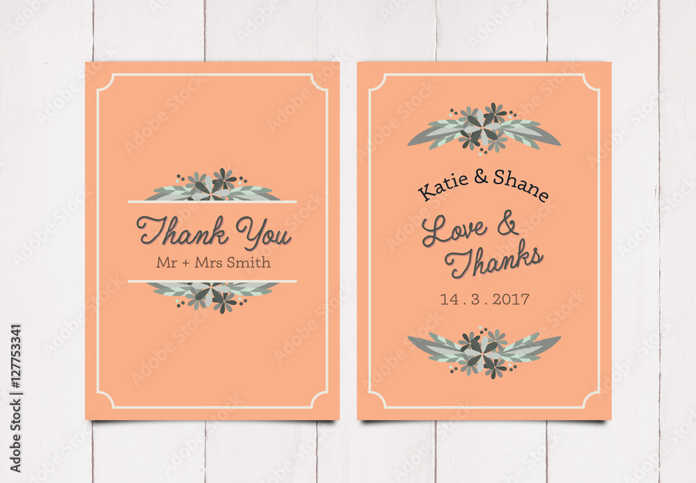 Thank You Card Layout with Decorative Leaves Illustrations Stock ...