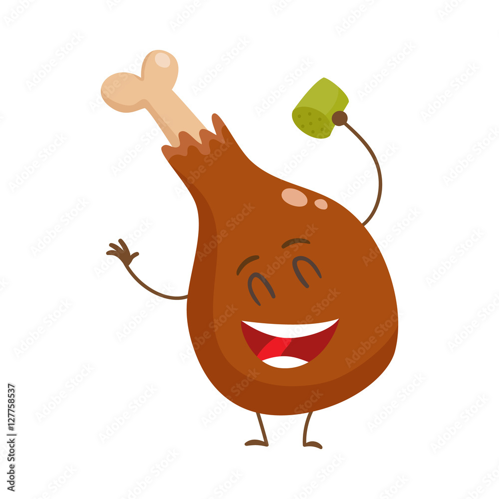 Funny roasted, fried, grilled chicken leg character, cartoon style ...