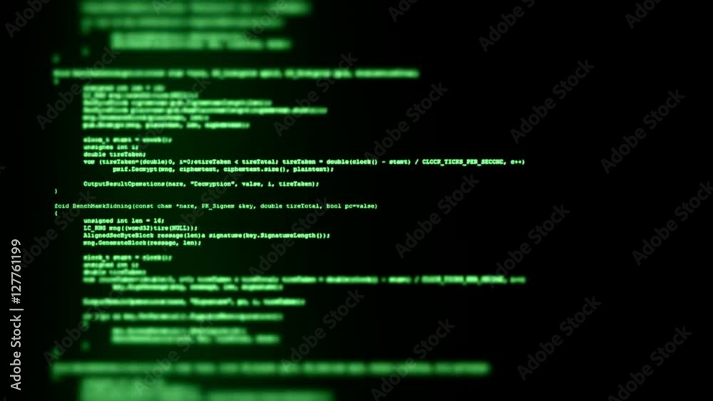Showing a flow of source code text (instructions for a computer program) on a PC screen in tilt ...