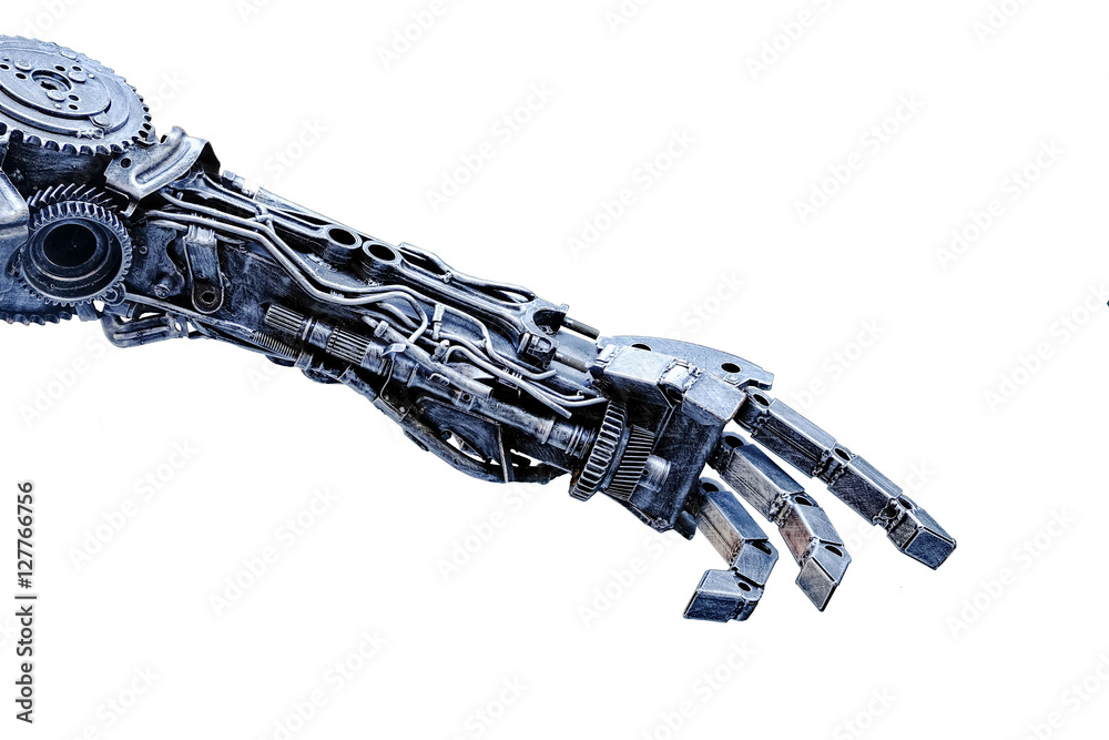 Left arm of a robot made from car parts and spares. Isolated background ...