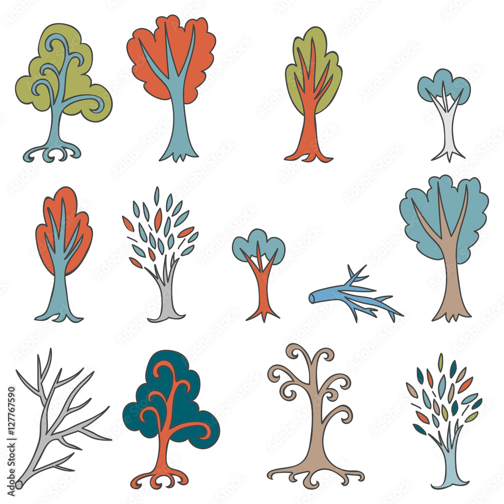 Colorful doodle set of different trees and branches. Hand drawn cute ...