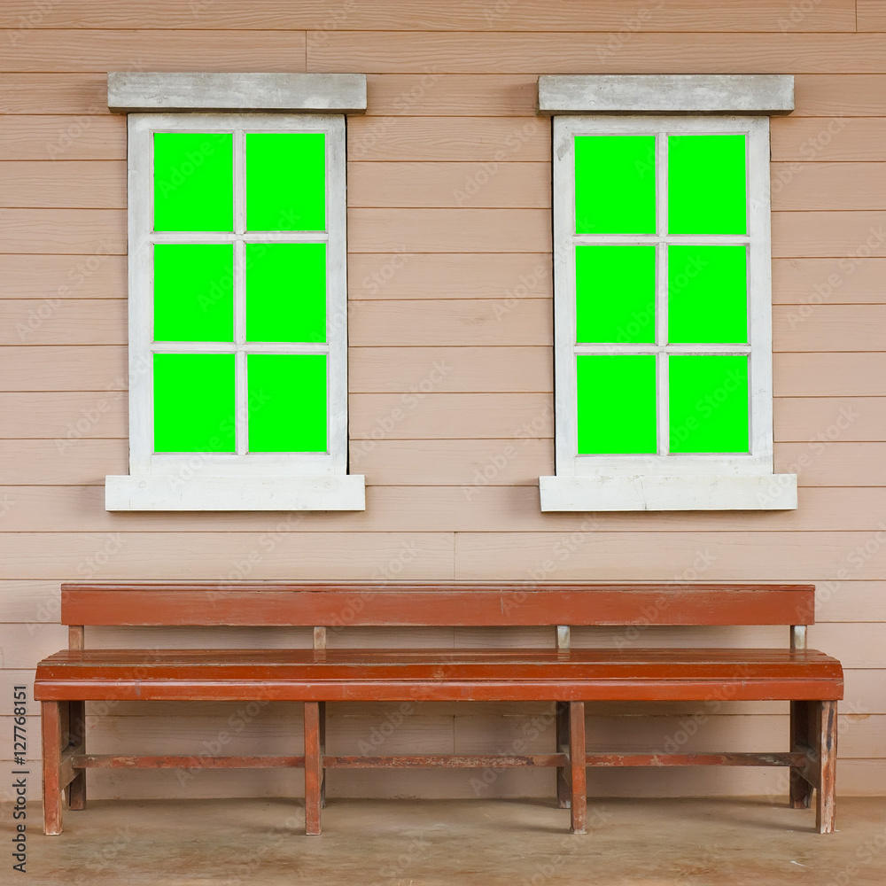 old wood white window with green screen on the wall with long ch Stock ...