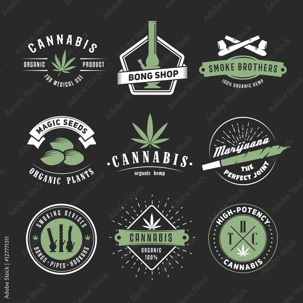 Vector cannabis badges. Set of marijuana logos with hemp leaves, joints ...