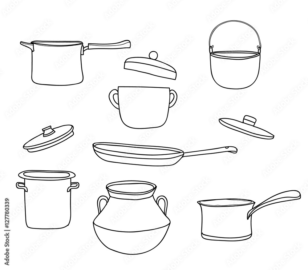pots set.art vintage pot Vector hand drawn line art cute illustr Stock ...