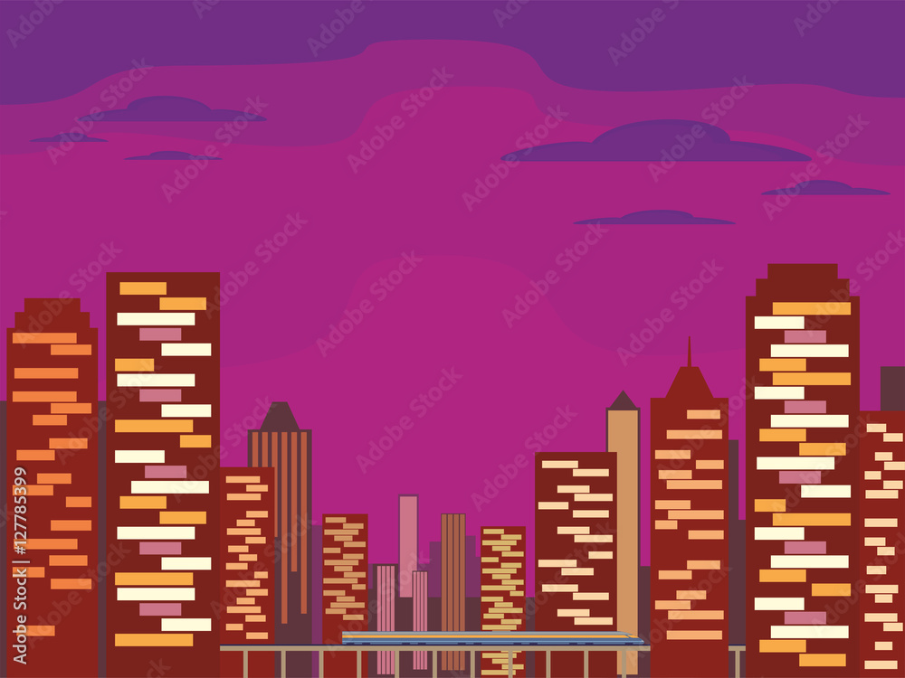 Abstract image of a modern night city. Cityscape with tall buildings ...