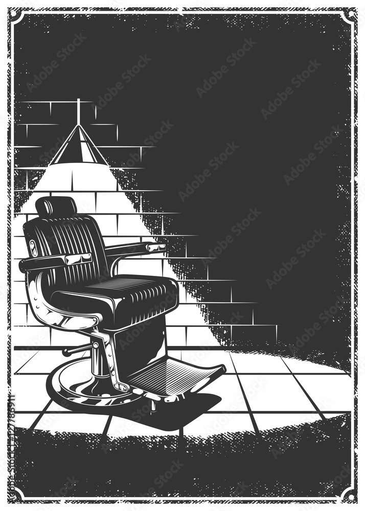 Vintage barbershop background with barber chair, lamp, light and shadow ...