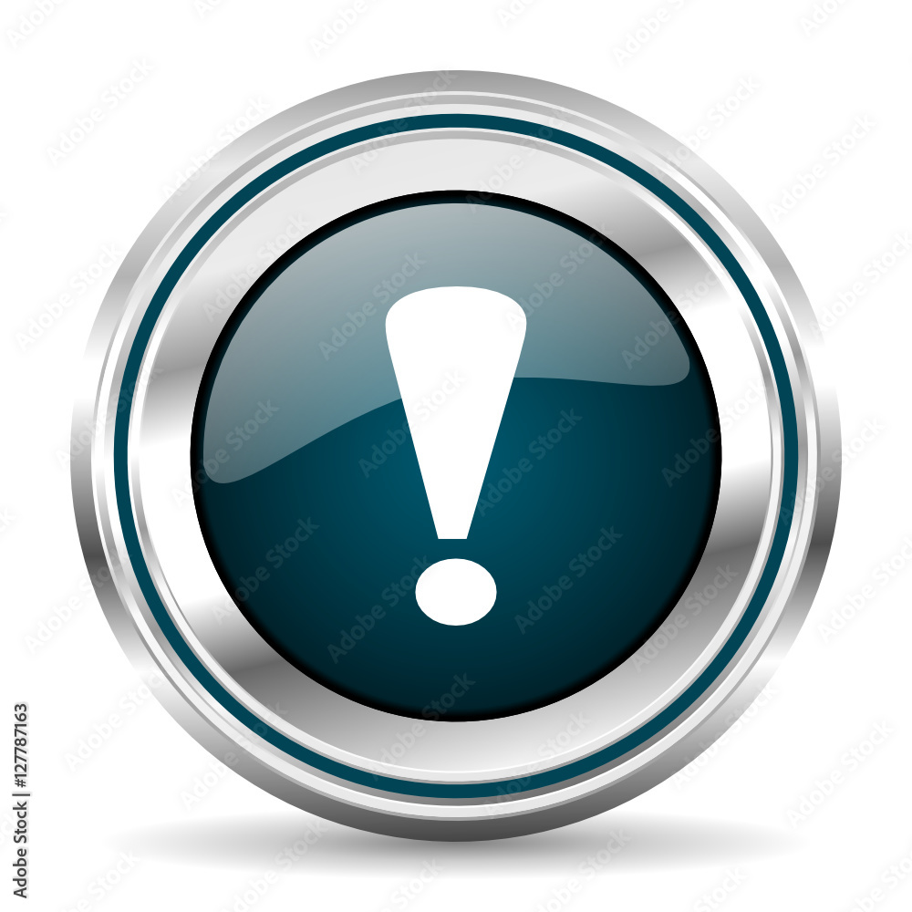 Attention vector icon. Chrome border round web button. Silver metallic ...