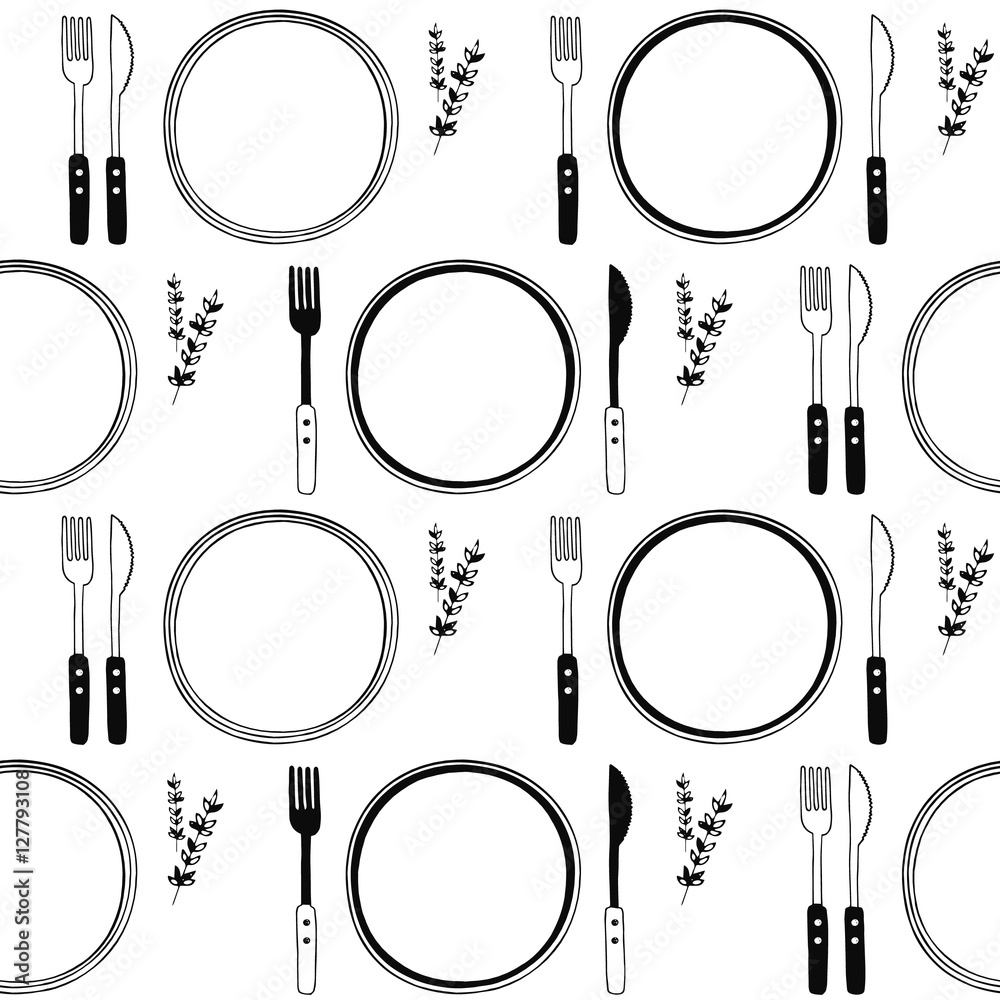 Tableware seamless pattern. Fork, knife, plate. Eating vector background. Hand drawn doodle ...