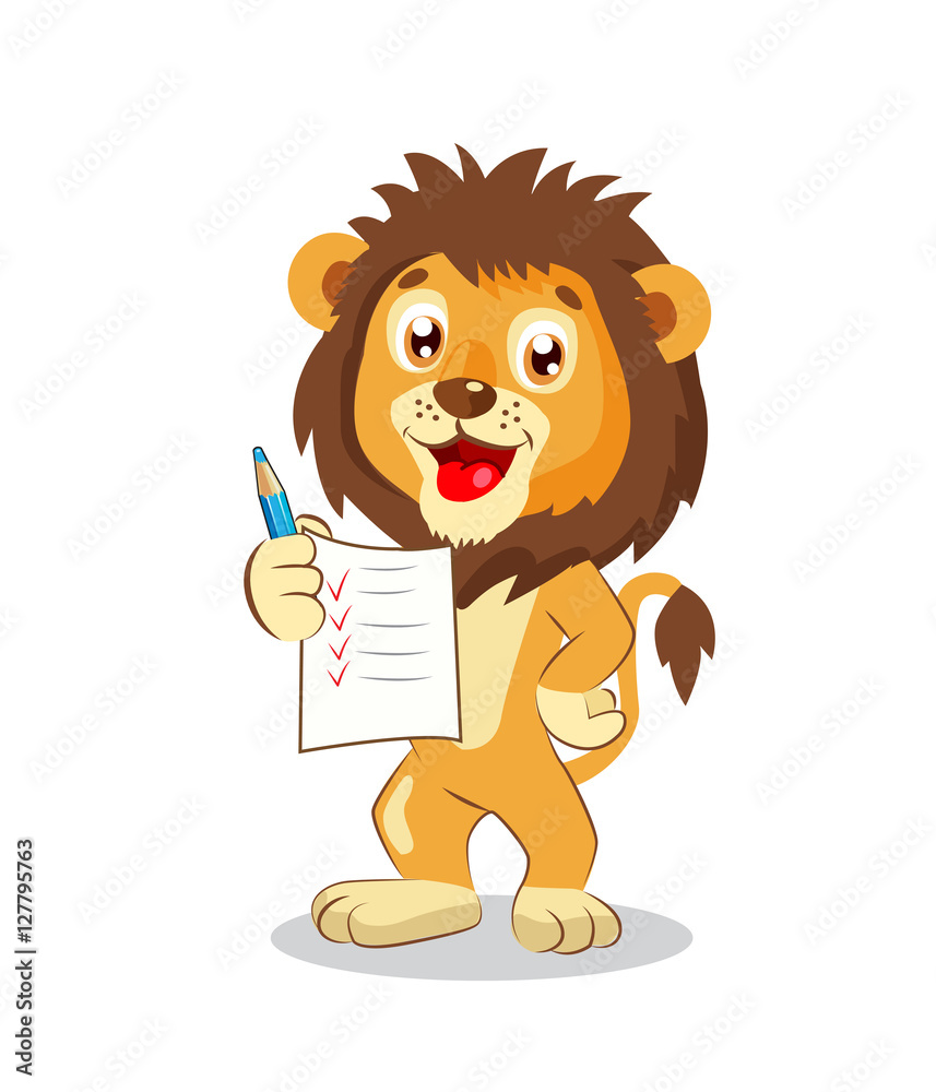Successful Lion. Cute Lion Holding Up His Grades. Cartoon Vector. Cute ...