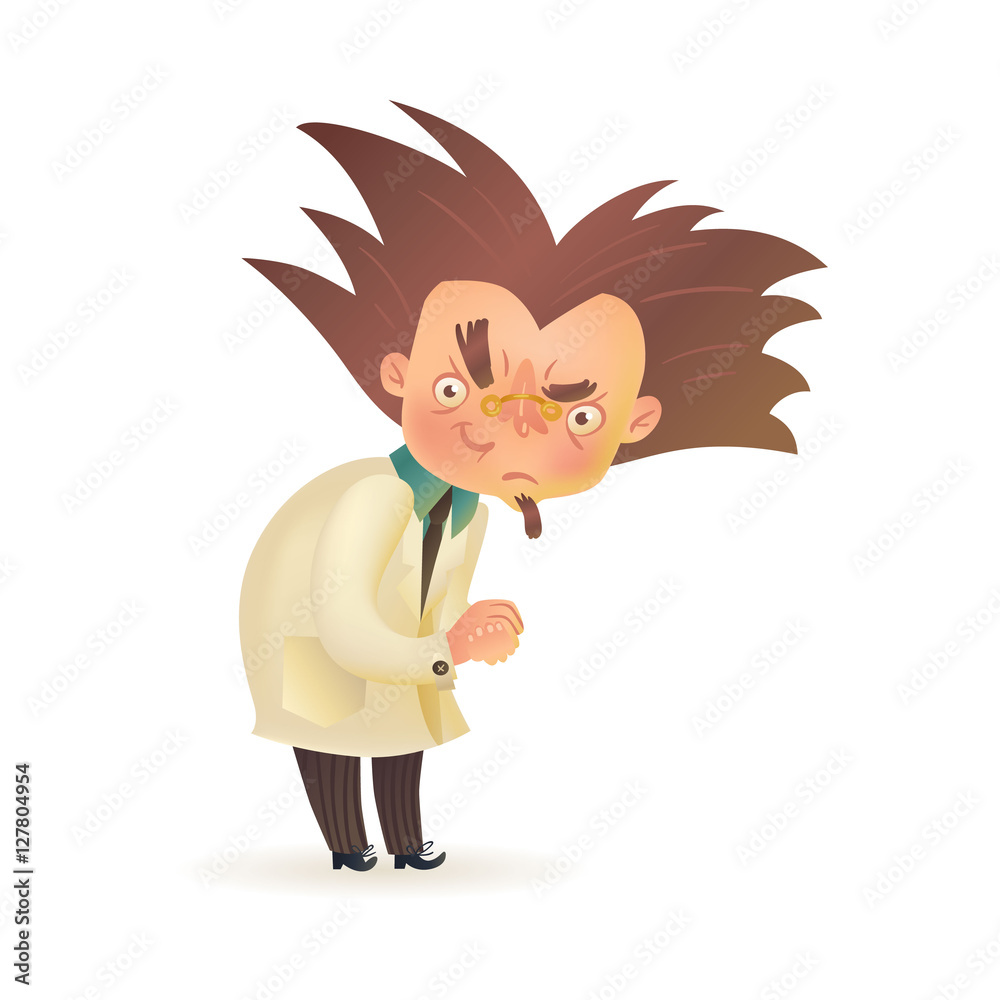 Bushy haired evil mad professor with raised eyebrow in lab coat rubbing ...