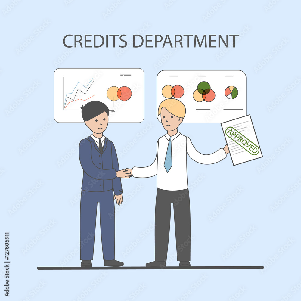Credits department concept. Indoors office of bank with workers and ...
